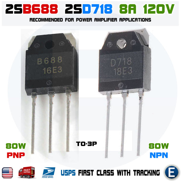 2SB688 + 2SD718 Transistor Pair 8A 120V 80W B688 + D718 NPN PNP Amplif ...