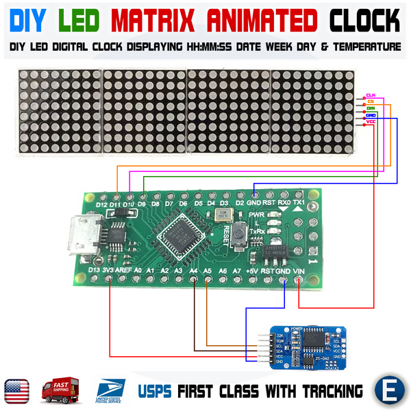 Arduino Digital LED Matrix Clock Nano MAX7219 Date Temperature DS3231 ...