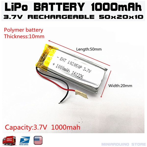 3.7V 1000mAh 102050 lithium polymer lipo Rechargeable battery ...