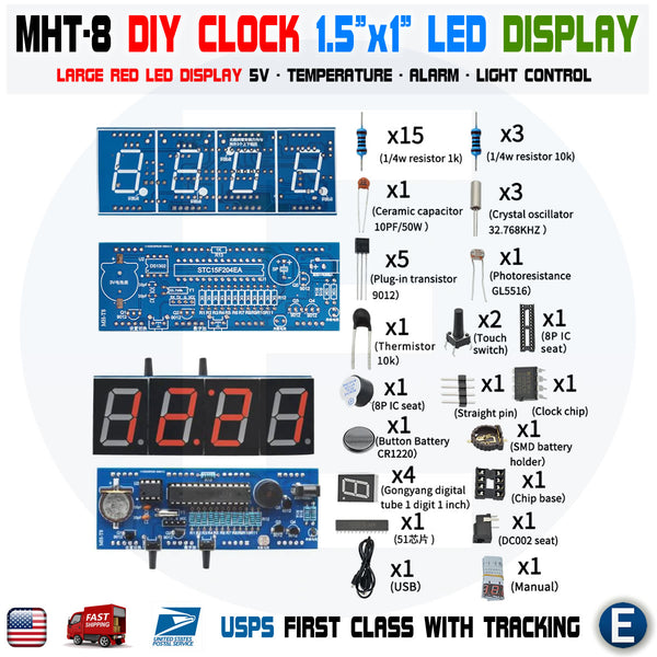 MHT-8 DIY KIT Clock Digital Tube Large LED Display MCU STC15F204EA 5V ...